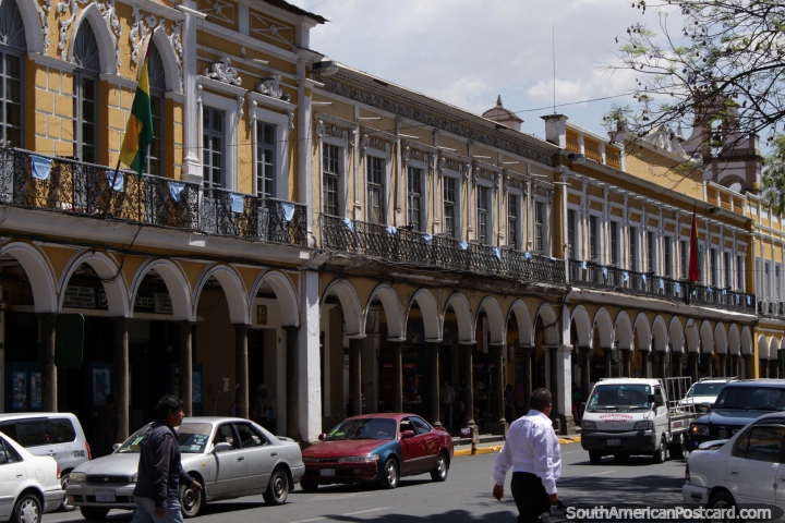 Balconies, archways and many windows in central Cochabamba, historical ...